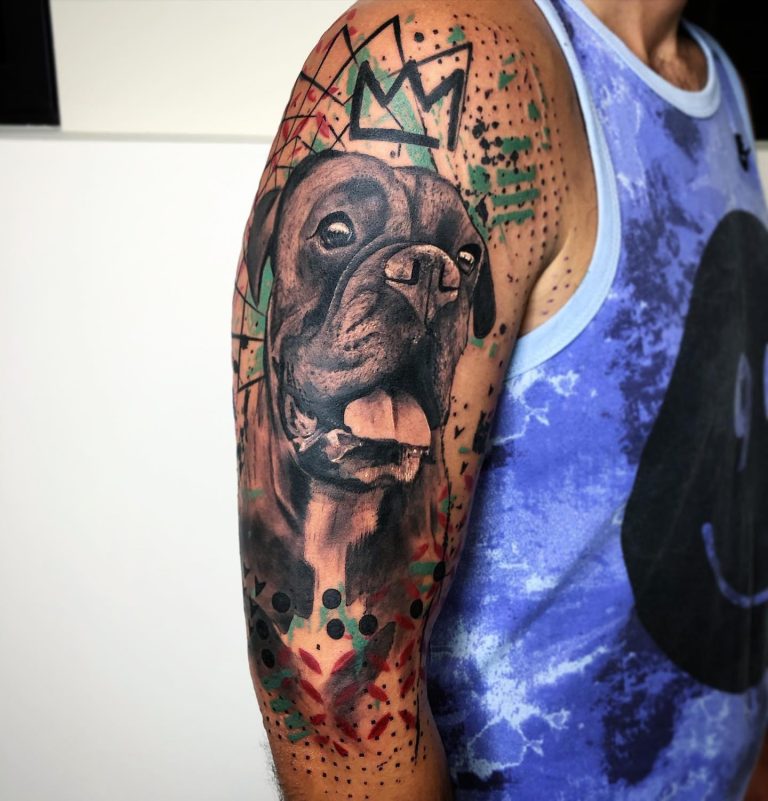 Creative dog portrait tattoo ideas featuring flowers, frames, realism ...