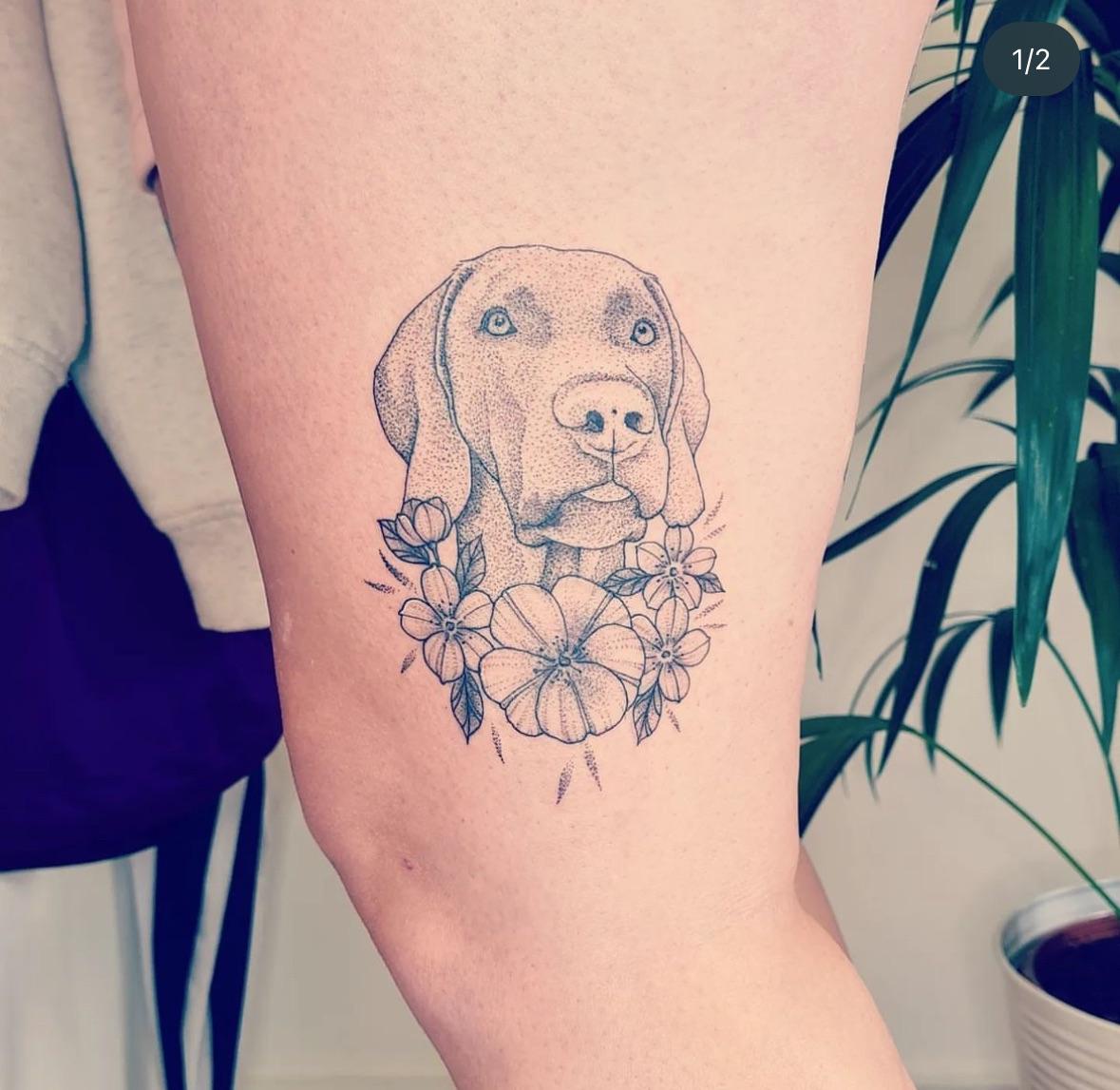 Creative dog portrait tattoo ideas featuring flowers, frames, realism ...