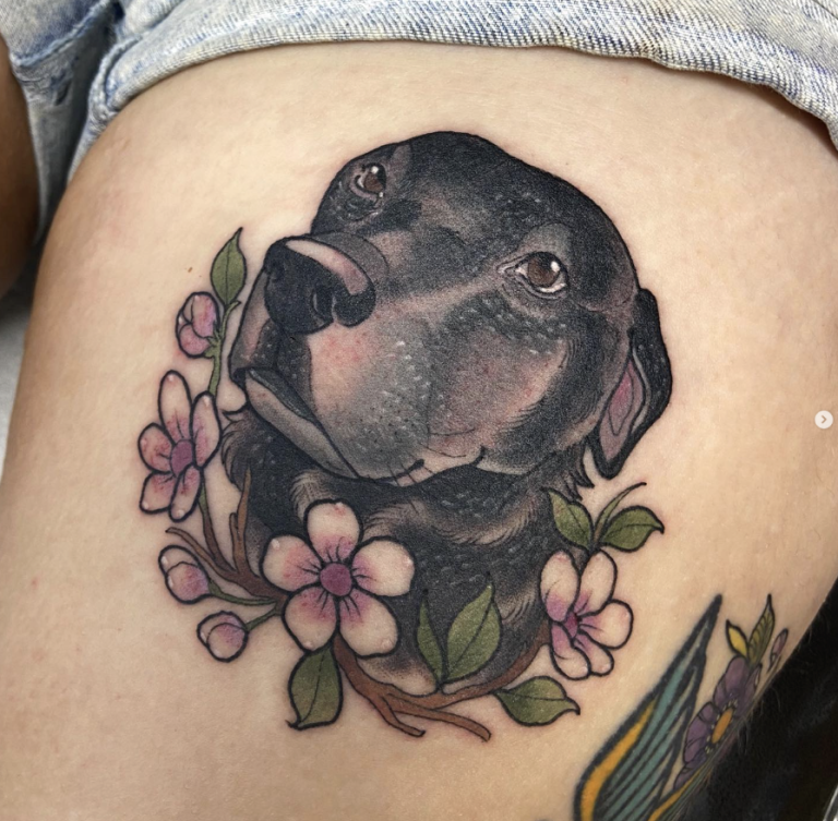 Creative dog portrait tattoo ideas featuring flowers, frames, realism ...