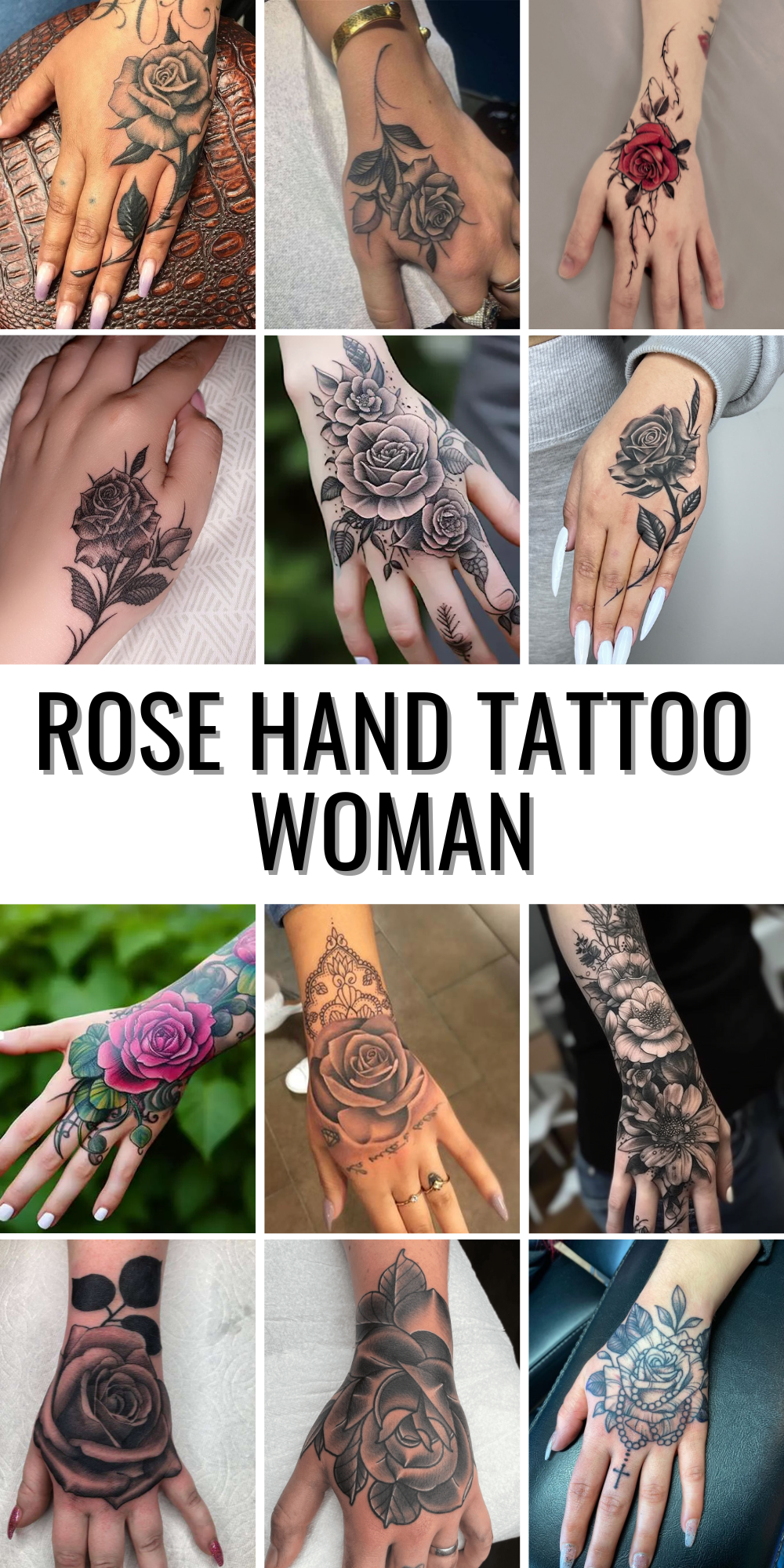 Rose hand tattoo ideas for women featuring black, red, and blue designs ...