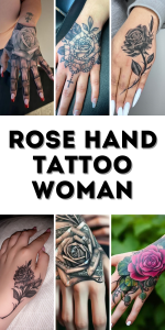 Rose hand tattoo ideas for women featuring black, red, and blue designs ...