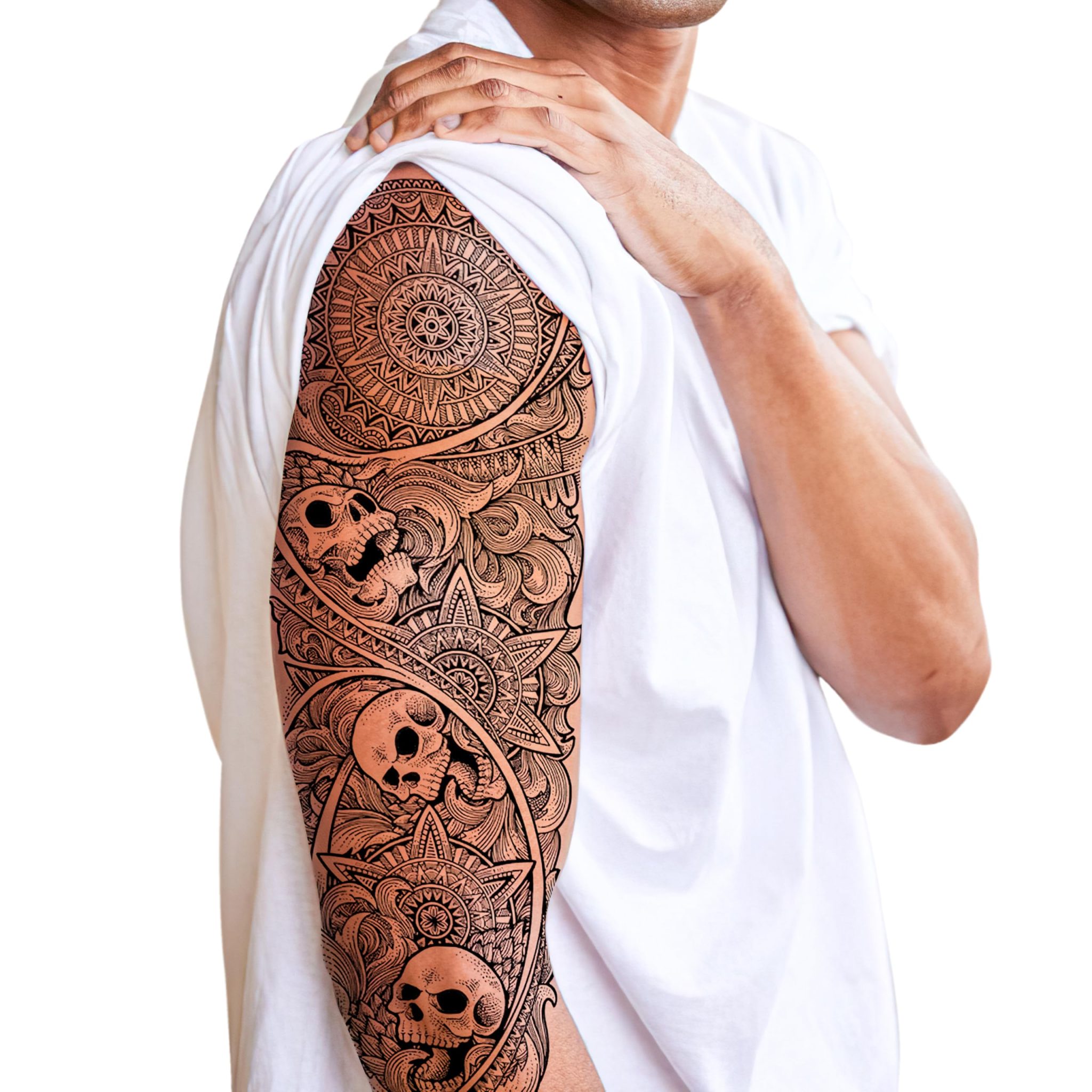 Fancy tattoo for man ideas featuring hand, arm, chest, and small wrist ...
